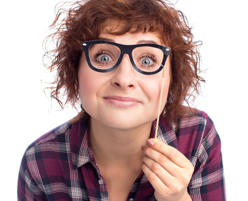 Pretty Woman Looking Over Glasses Stock Photo - Image of brown, person ...
