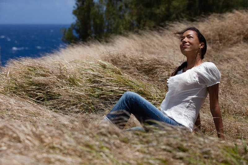Pretty Woman Looking Up with a Smile Stock Image - Image of hawaii ...