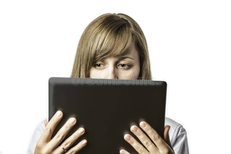 Beautiful Woman Hiding Face with Tablet Computer Stock Photo - Image of ...