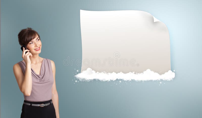 Pretty Woman Making Phone Call and Presenting Modern Copy Space Stock ...