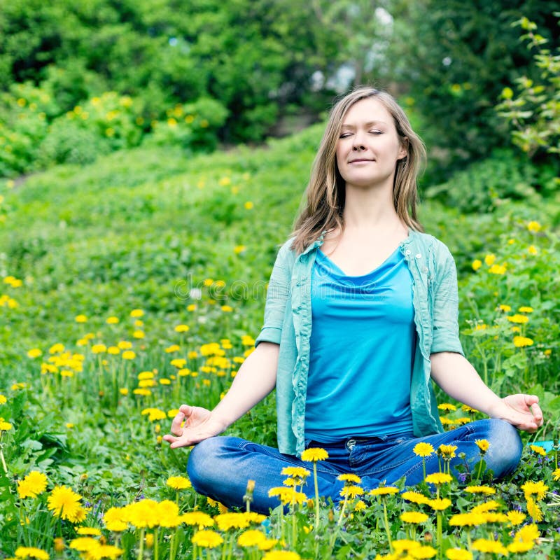 Pretty Woman Meditate in the Park Stock Image - Image of happy ...