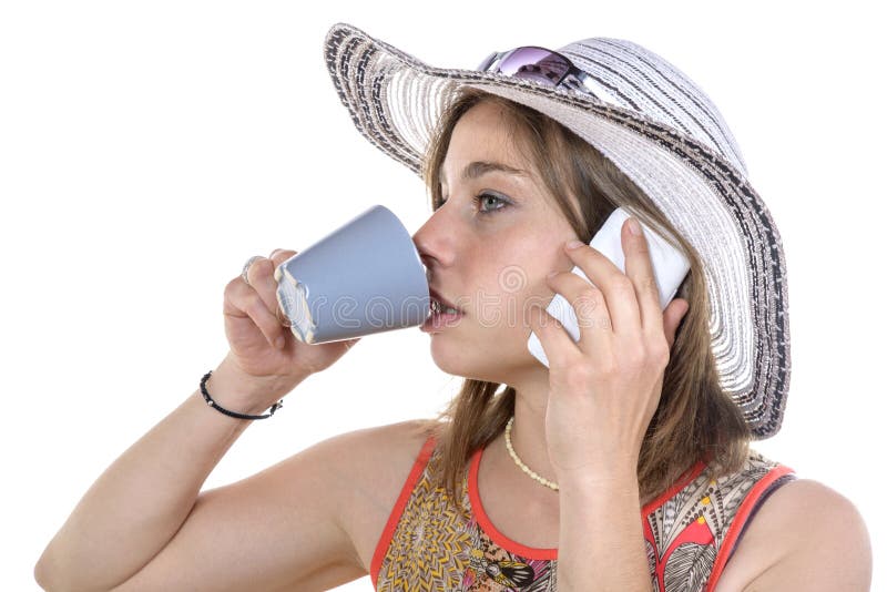 Pretty Woman on the Phone and Drinking Tea Stock Image - Image of ...