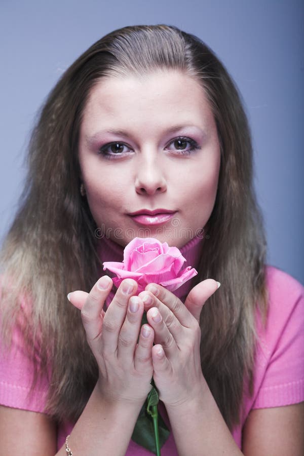 Pretty Woman with Pink Rose Stock Image - Image of rose, adult: 97425849