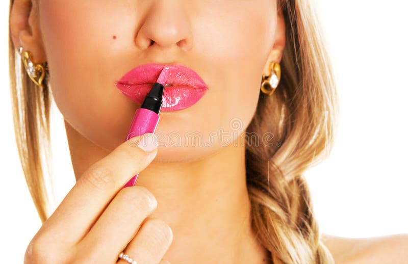 Pretty Woman Put on Lipstick Stock Image - Image of makeup, beauty ...