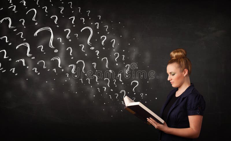 Pretty Woman Reading a Book with Question Marks Coming Out from Stock ...