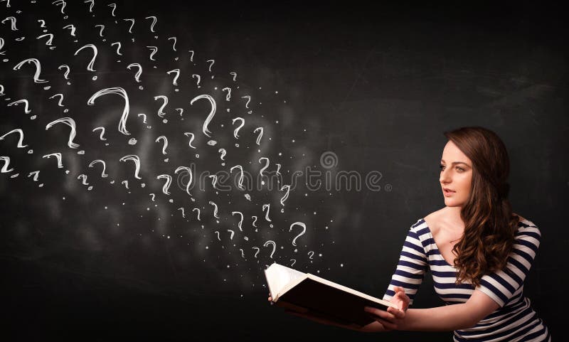 Pretty Woman Reading A Book With Question Marks Coming Out From Stock ...