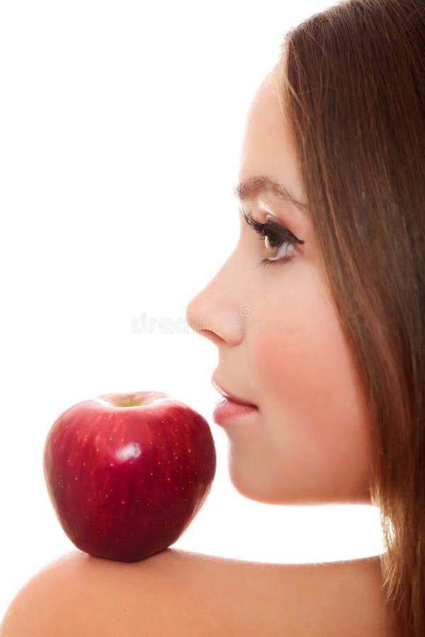 Pretty Woman with Red Apple Stock Image - Image of health, freshness ...