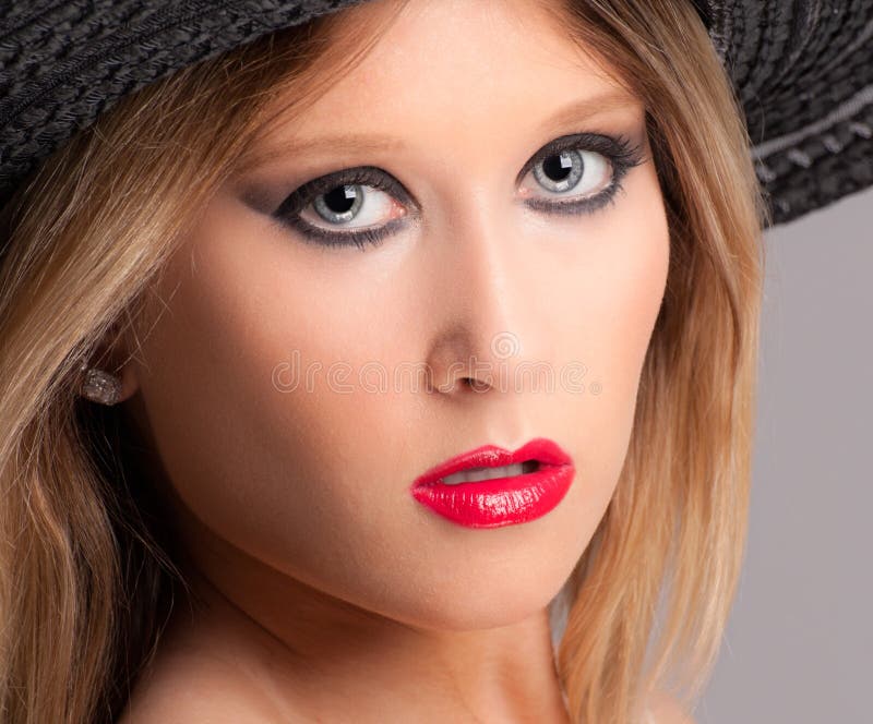Pretty Woman in Red Lipstick and Hat Stock Image - Image of adult ...