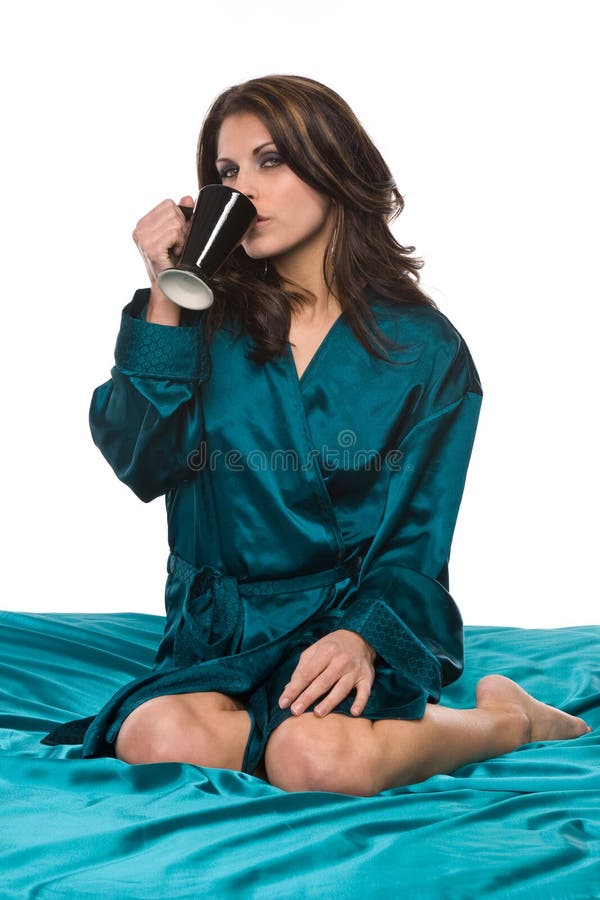 Pretty Woman Robe Drink Coffee Stock Photo - Image of robe, leisure ...