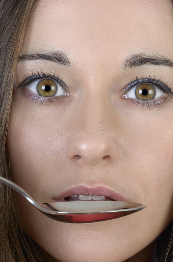Pretty Woman S Face Smelling Empty Spoon, Closeup, Copy Space Stock ...