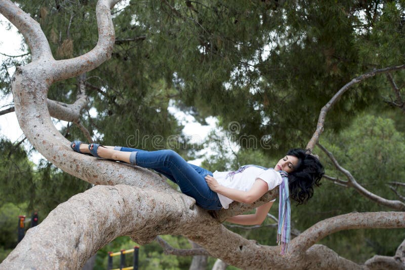 Pretty Woman Sleeping in a Tree after Being Over Worked and Having ...