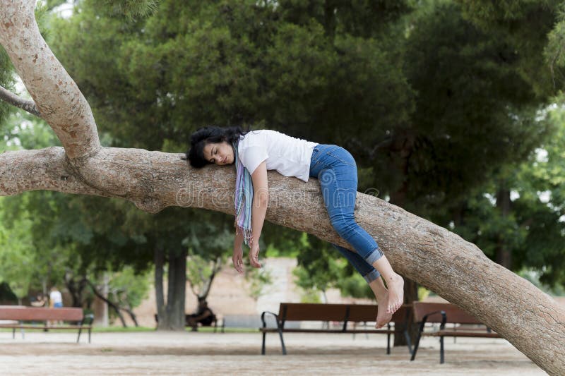 Pretty Woman Sleeping in a Tree after Being Over Worked and Having ...