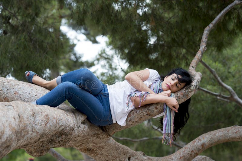 Pretty Woman Sleeping in a Tree after Being Over Worked and Having ...
