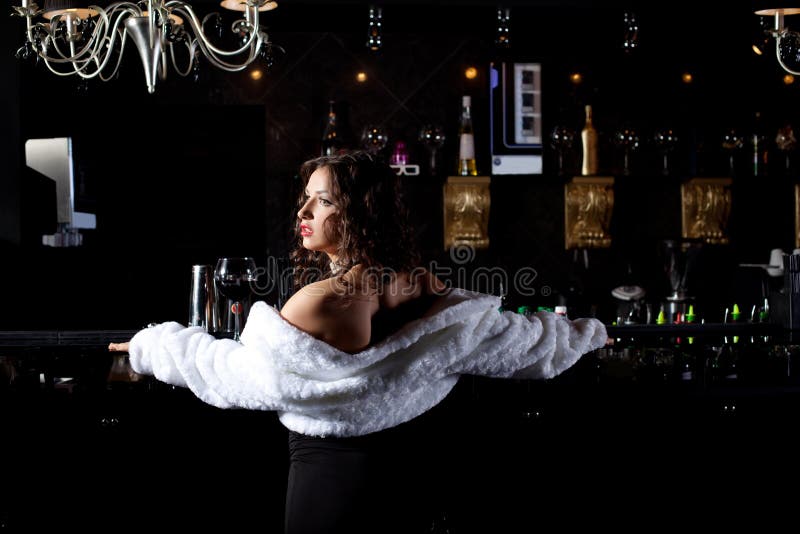 Pretty Woman Stand in Bar Look on Light Tonight Stock Image - Image of ...