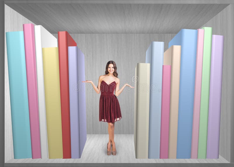 Pretty Woman Standing on Book Shelf Stock Image - Image of bookstore ...