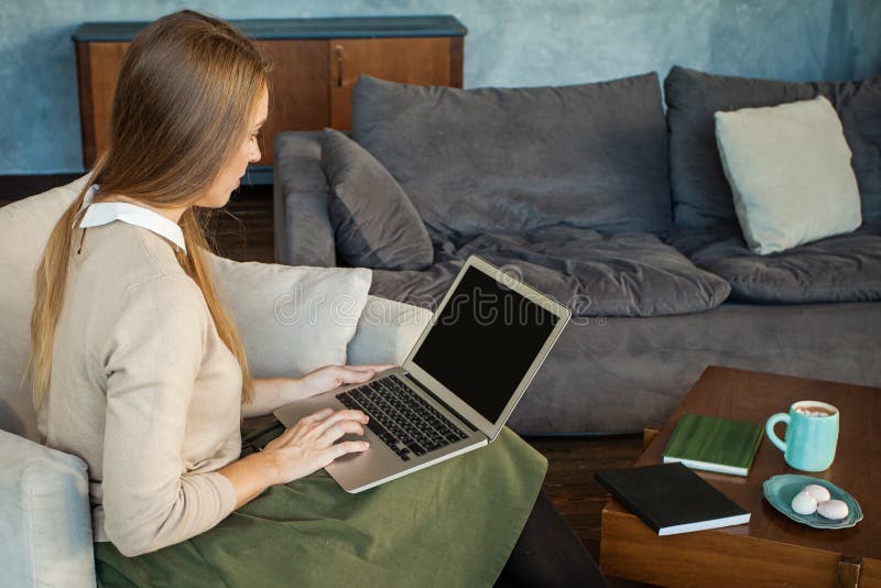 Pretty Woman Using Laptop at Home Stock Image - Image of hand, laptop ...