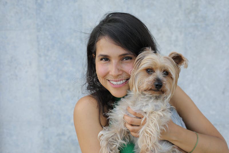 Pretty Woman with a Very Cute Yorkshire Terrier Stock Photo - Image of ...