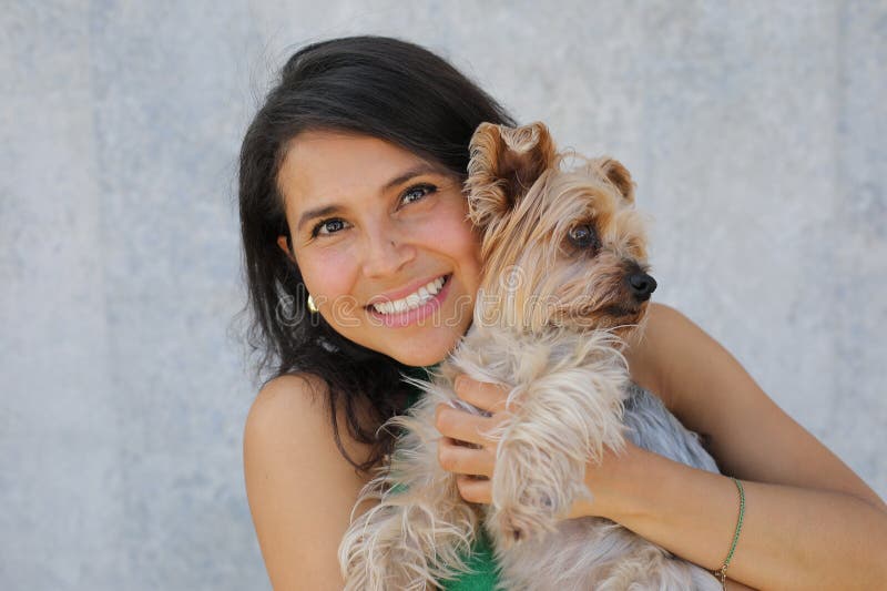 Pretty Woman with a Very Cute Yorkshire Terrier Stock Image - Image of ...