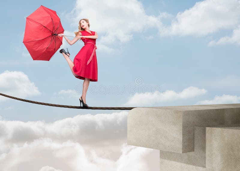 Pretty Woman Walking on a Rope Over the Clouds Stock Image - Image of ...