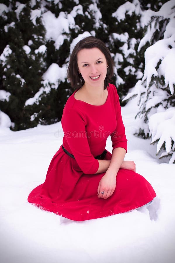 Pretty Woman in Winter with Red Dress Stock Image - Image of adult ...