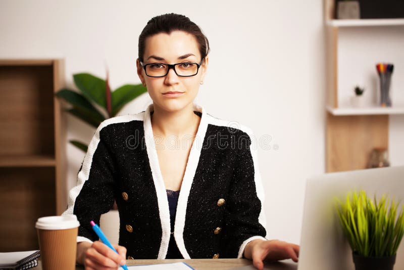 Pretty Woman Working on Laptop in the Office Stock Image - Image of ...