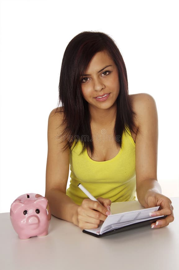 Pretty Woman Writing a Check Stock Image - Image of button, attractive ...