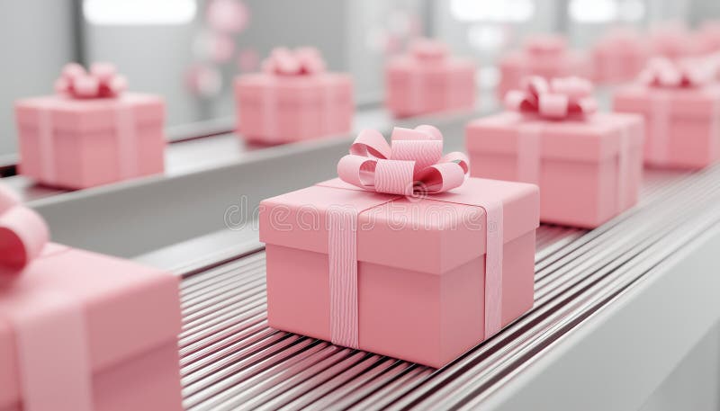 Pretty Wrapped Gift Boxes on Conveyor Belt in a Gift Factory Setting ...