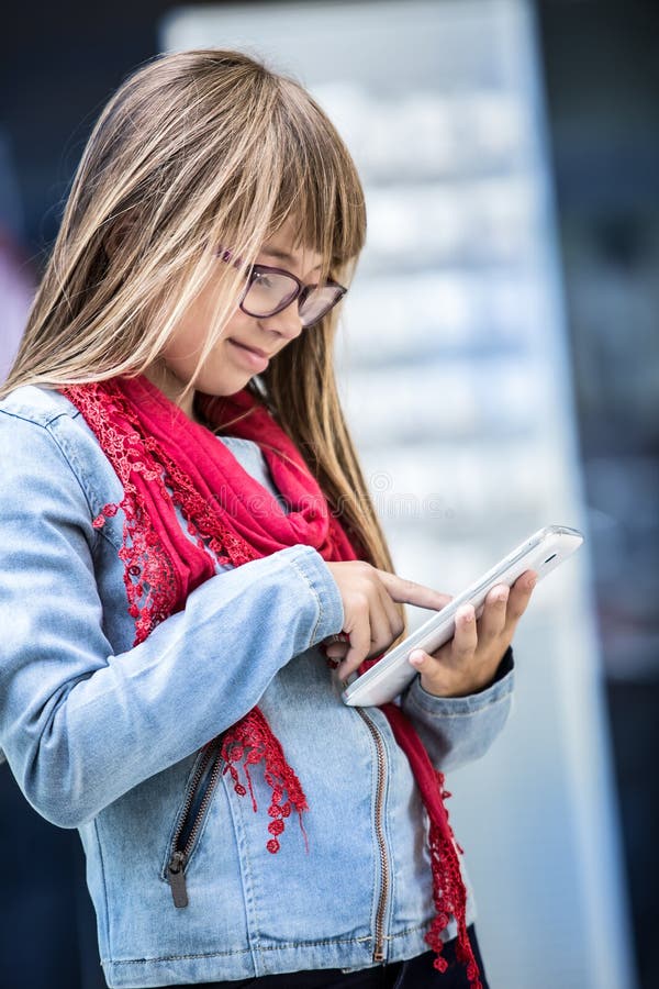 Pretty Youn Girl with Tablet. Stock Image - Image of childhood ...