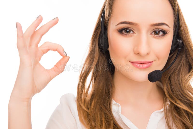 Pretty Young Agent of Call Centre Gesturing `OK` Stock Photo - Image of ...