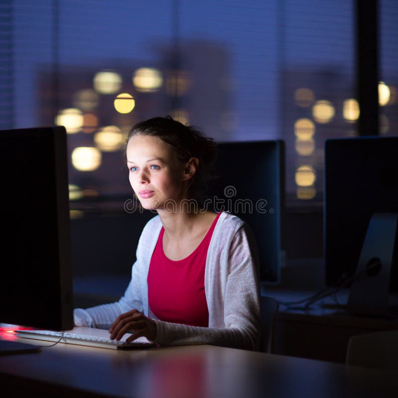 Pretty, Young Female College Student Using a Desktop Computer/pc in a ...