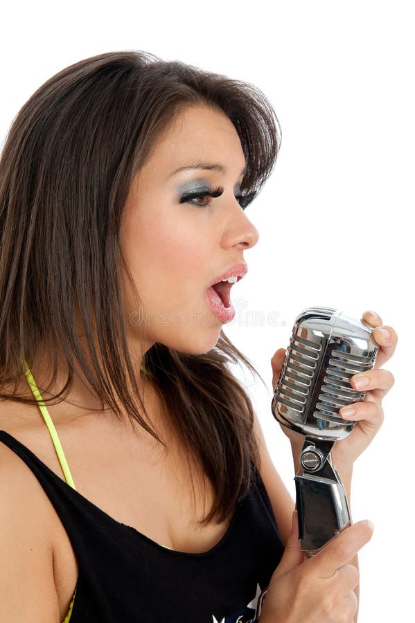 Pretty Young Female with Retro Microphone Isolated Stock Image - Image ...