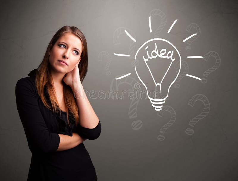 Young Girl Comming Up with a Light Bubl Idea Sign Stock Photo - Image ...