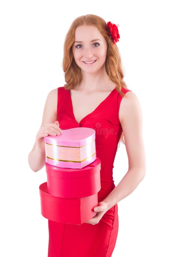 Pretty Young Girl Holding Gift Box Isolated on Stock Image - Image of ...