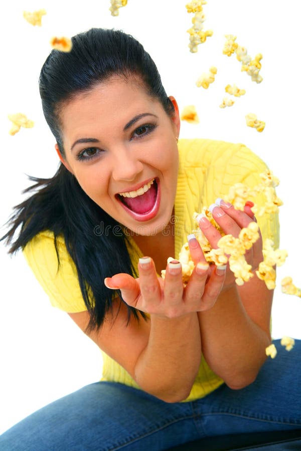 Pretty Young Girl Throwing Popcorn Stock Photo - Image of portrait ...
