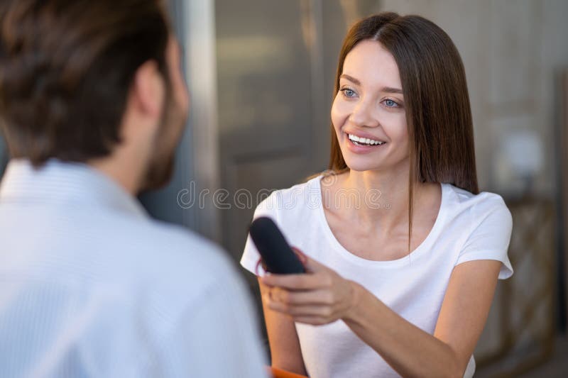 Pretty Young Journalist Interviewing a Famous Person in a Studio Stock ...
