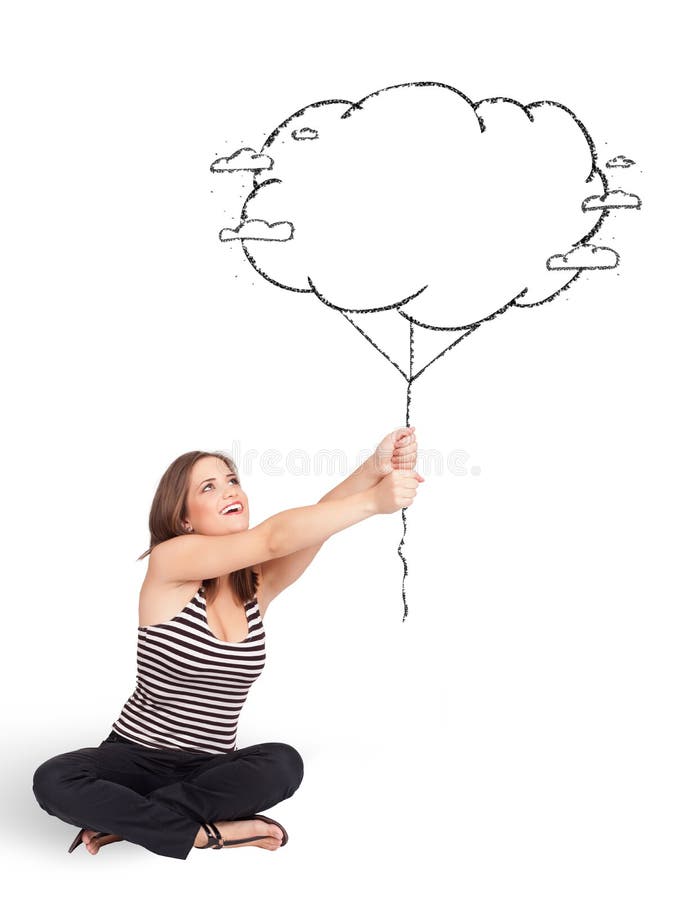 Young Lady Holding Cloud Balloon Drawing Stock Photo - Image of ...