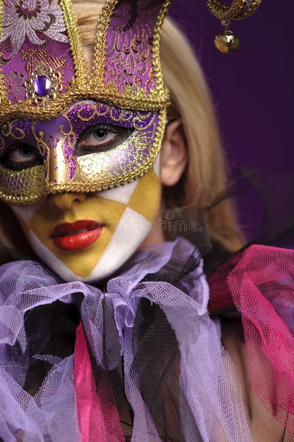 Pretty Young Lady in Violet Half Mask Stock Photo - Image of look ...