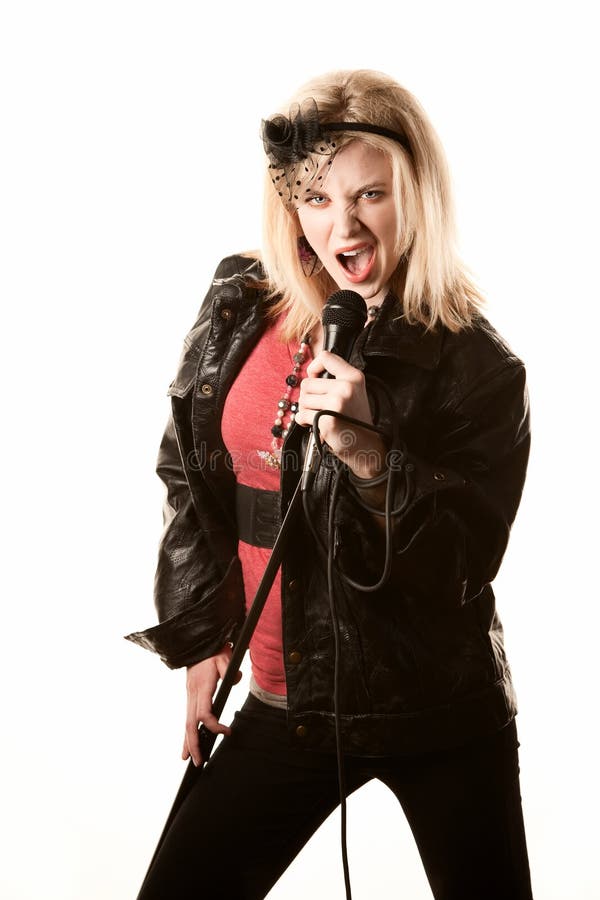 Pretty Young Singer or Comedian with Microphone Stock Image - Image of ...
