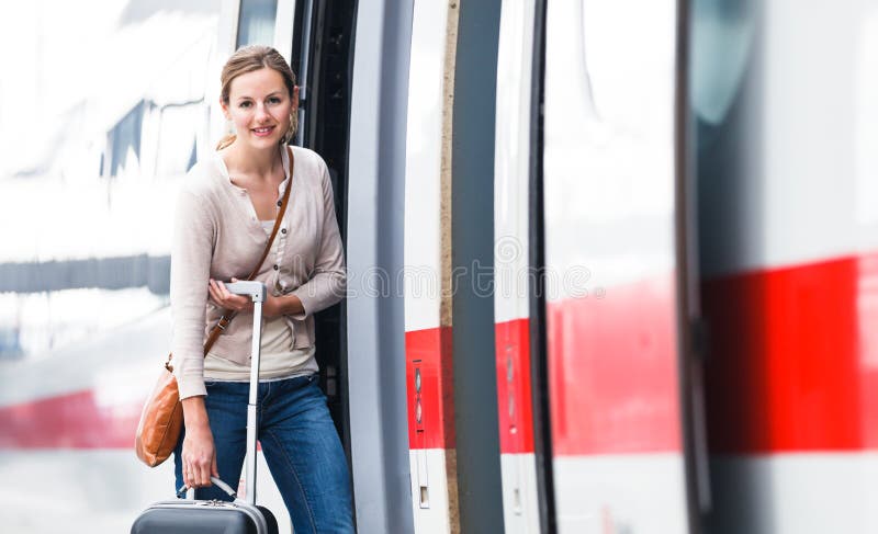 Pretty Young Woman Boarding a Train Stock Image - Image of board ...