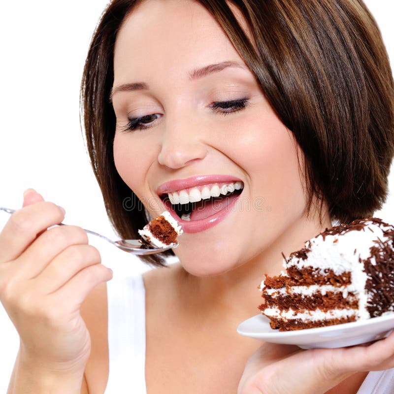 Pretty Young Woman Eats a Sweet Cake Stock Image - Image of pastry ...