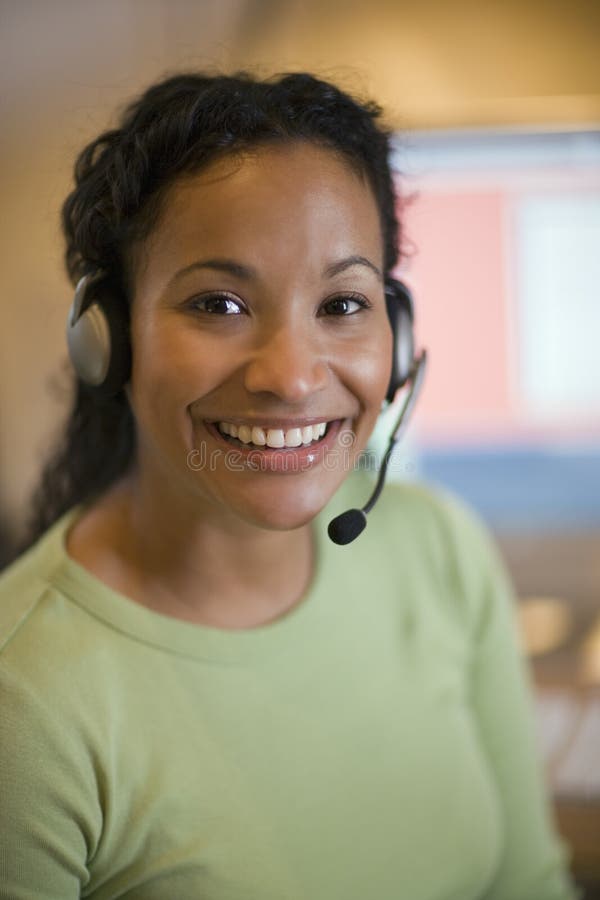 Pretty Young Woman with Headset Stock Image - Image of hearing ...