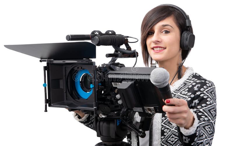 Pretty Young Woman Journalist with Microphone in Television Studio on ...