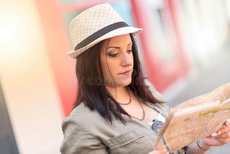 Pretty Young Woman with Map in the City, Light Effect Stock Image ...