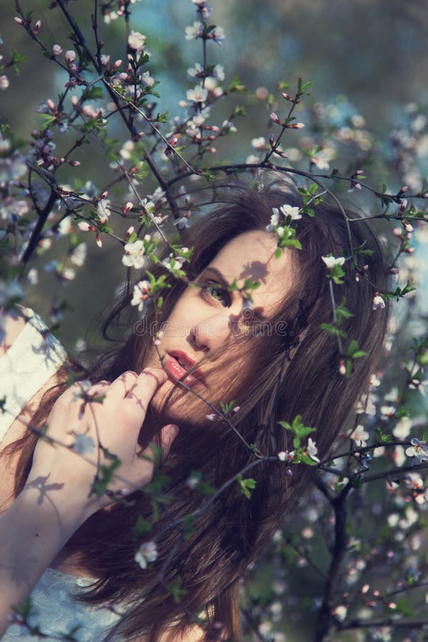Pretty Young Woman Near Tree with Flowers Stock Image - Image of girl ...