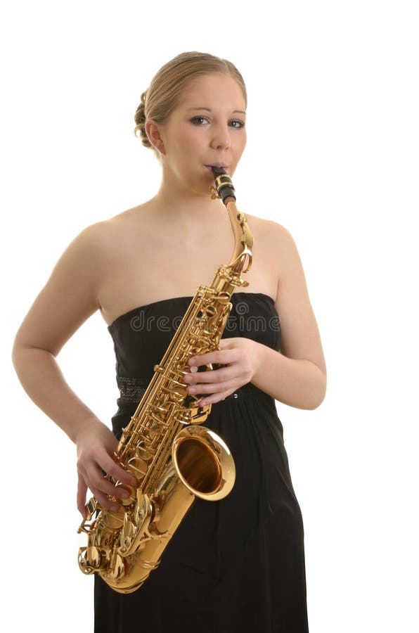 Pretty Young Woman Playing Saxophone Stock Image - Image of evening ...