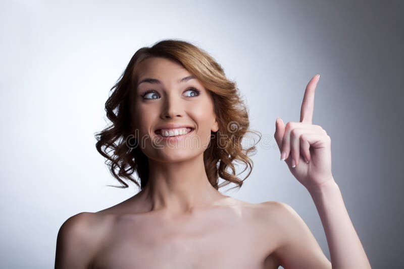 Woman Point at Copy Space, Showing Copyspace Pointing Down. Promo, Girl ...