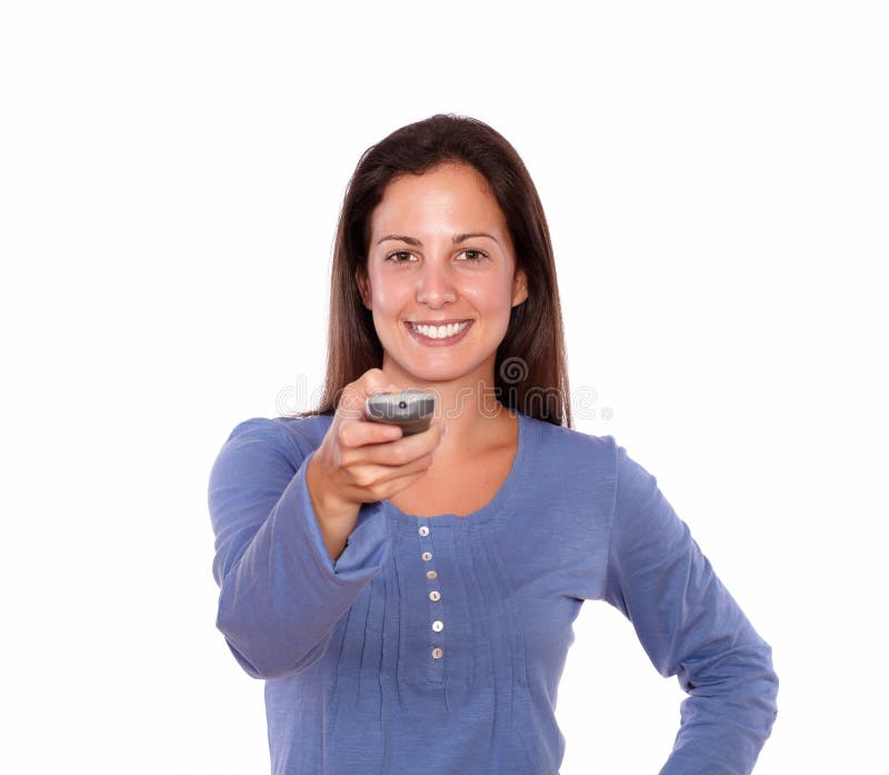 Pretty Young Woman Pointing Remote Control Stock Image - Image of ...