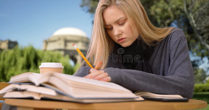 Pretty Young Woman Reading and Writing for a Term Paper Stock Photo ...