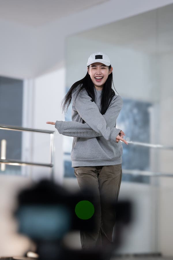 Pretty Young Woman Recording Dance Video Tutorial for Social Media at ...