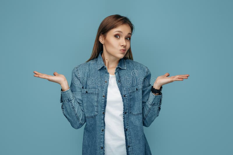 Pretty Young Woman Suspicious Expression Face Over Blue Background ...